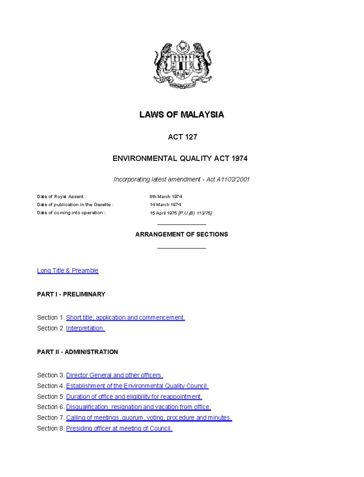 Environmental Quality Act 1974 - ACT 127: Comprehensive Overview - Studocu