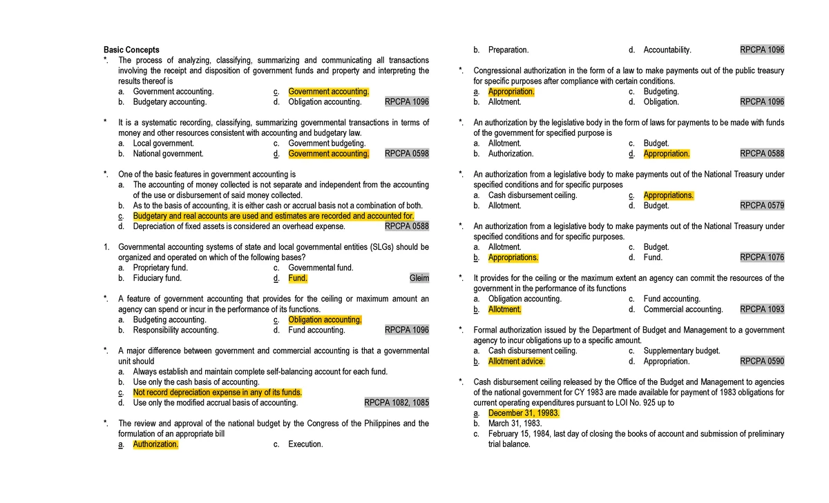 Government Accounting Multiple Choice Compilation Questions - Basic ...
