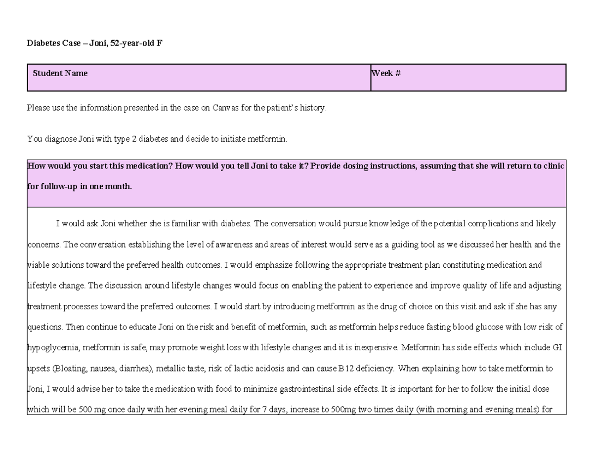 Diabetes Case Study & Medication Plan for Joni (Diabetes Worksheet ...