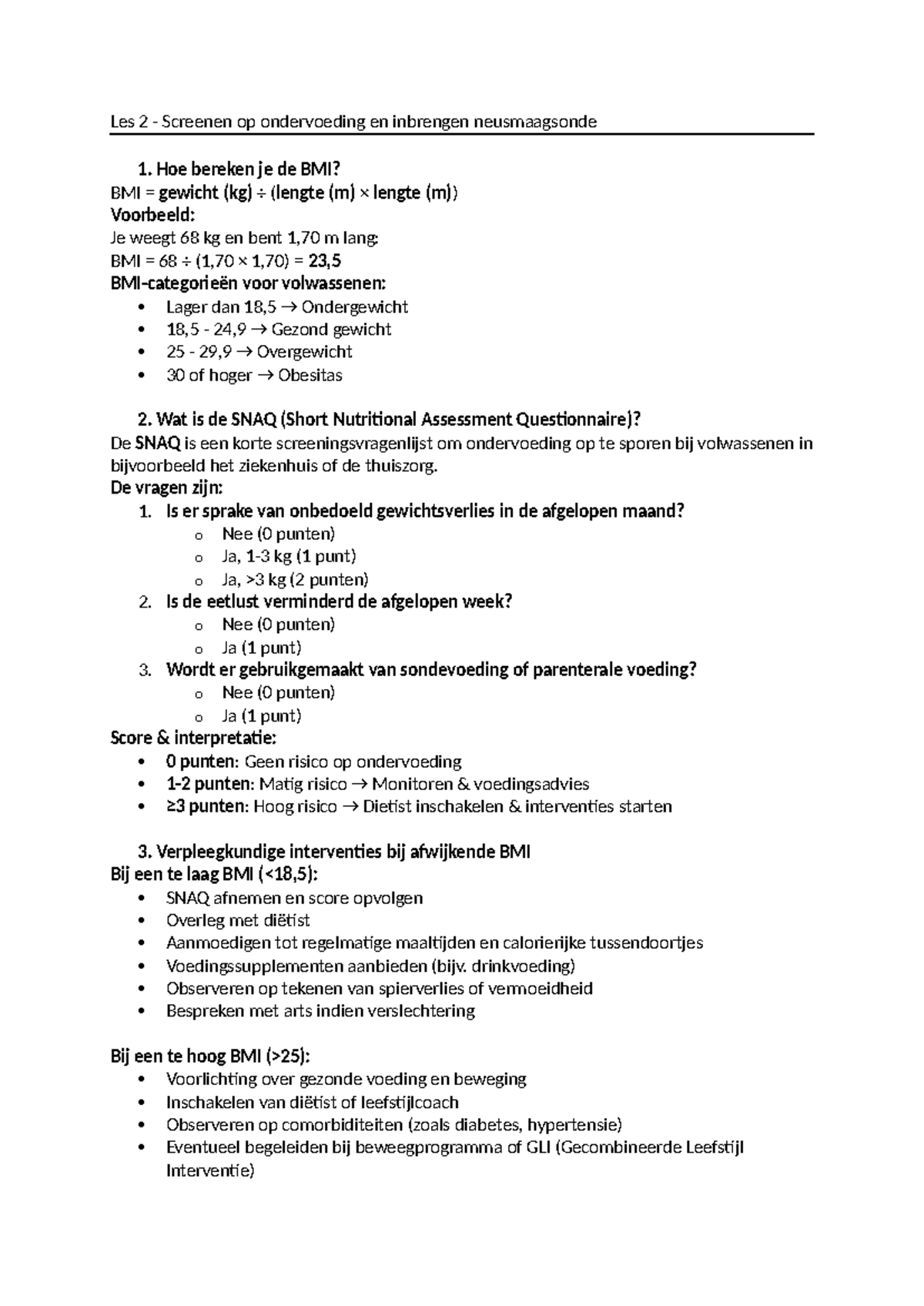 Les 2: Screenen op Ondervoeding en Neusmaagsonde Inbrengen - Studeersnel