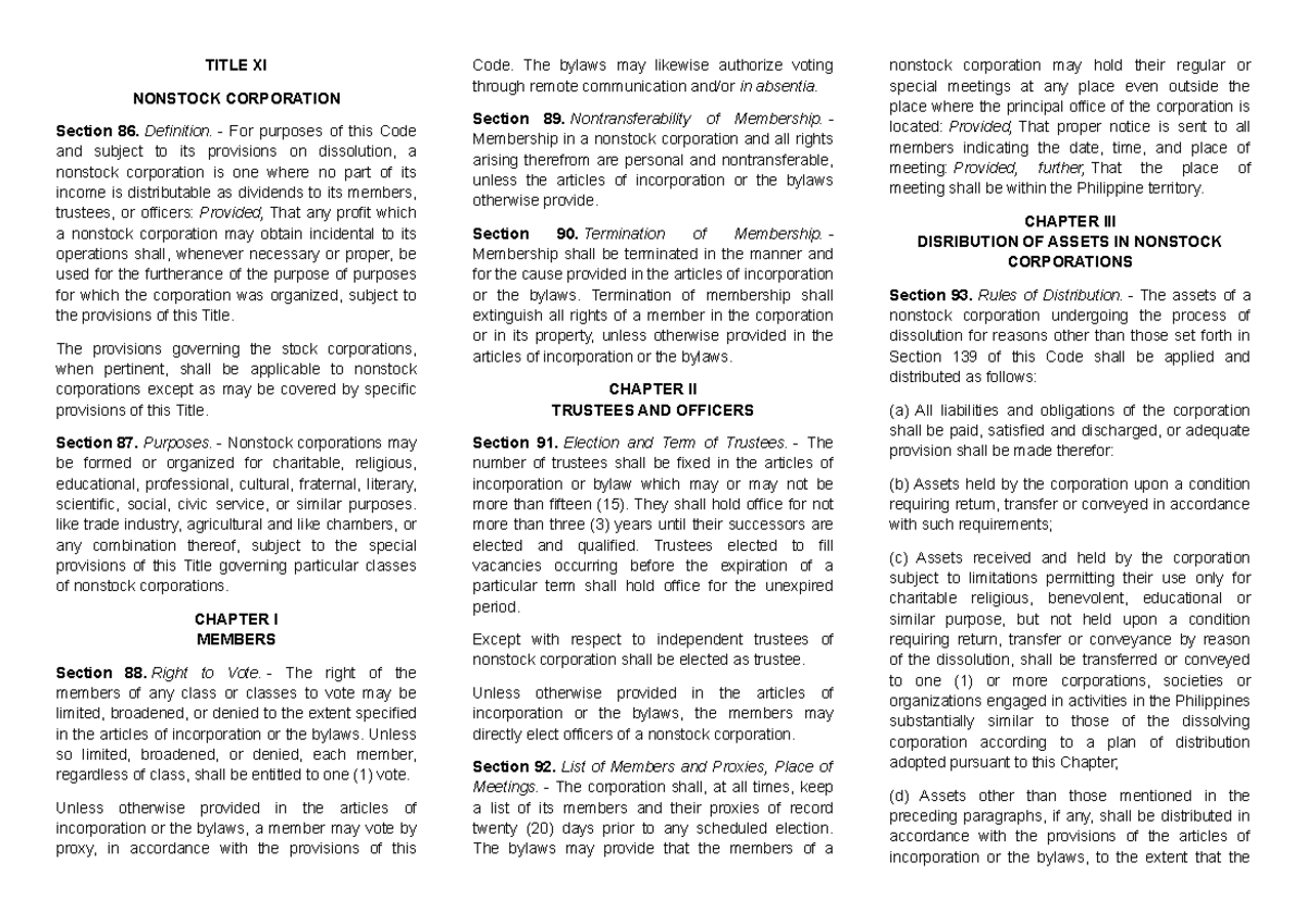 part of revised corporation code - TITLE XI NONSTOCK CORPORATION ...