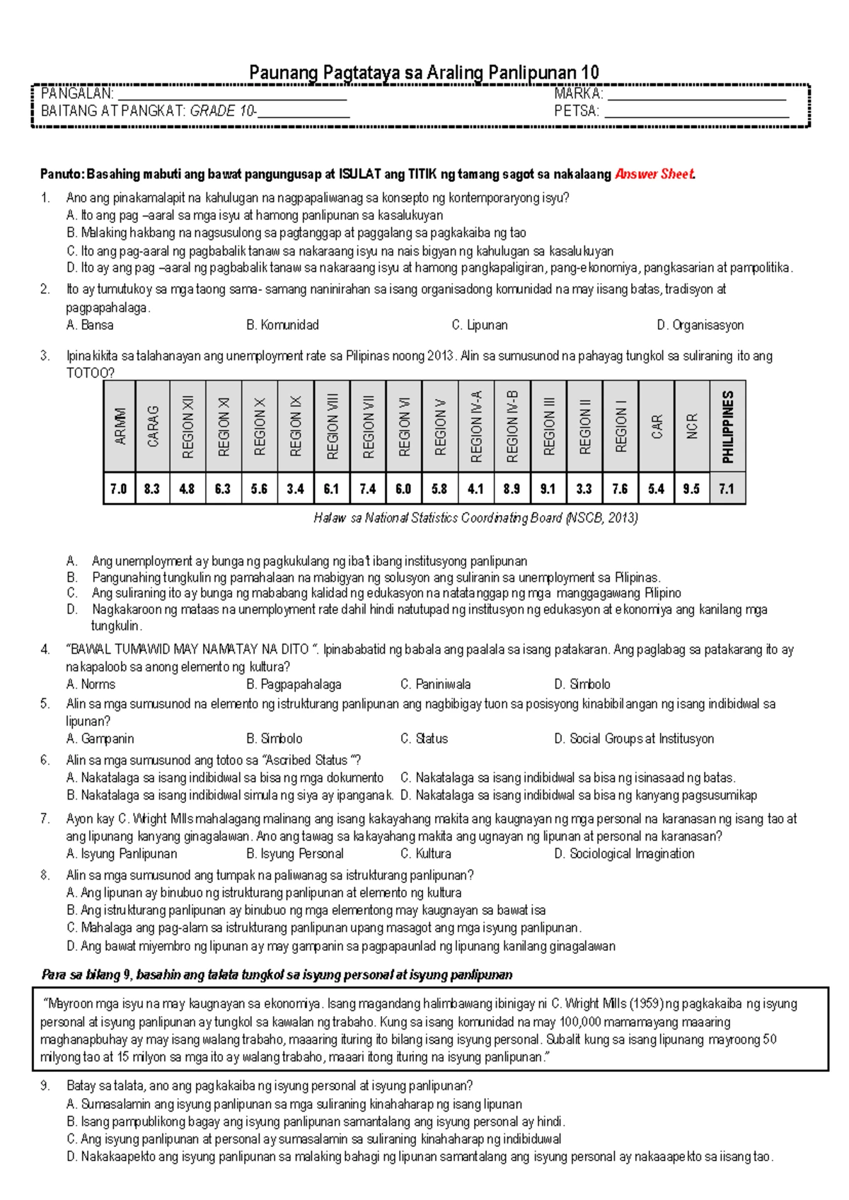 G10 DLP - DLP - BANGHAY ARALIN SA ARALING PANLIPUNAN 10 ####### Quarter: 1st Week: 1 Day: 1 I ...
