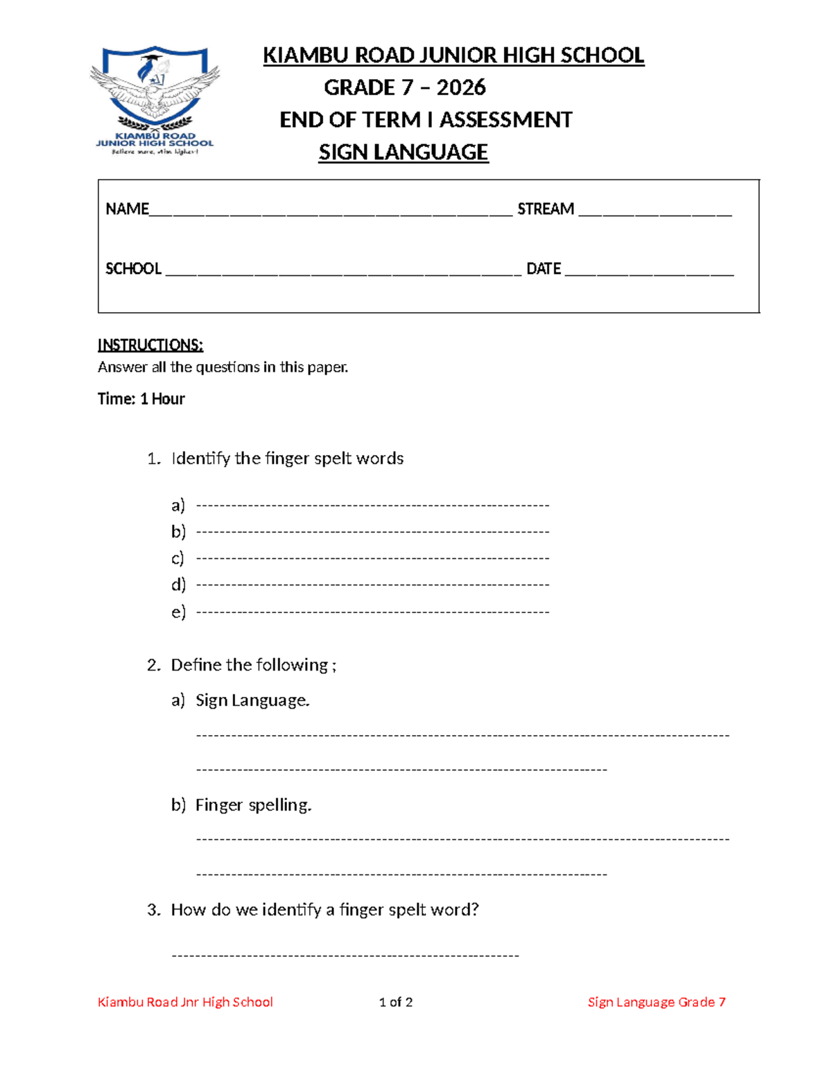 SIGN LANGUAGE GRADE 7 END OF TERM I ASSESSMENT 2026 - Studocu