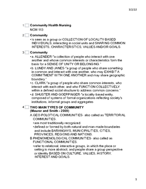NCM 113 CHN -1st part - Community Health Nursing - UC - Studocu