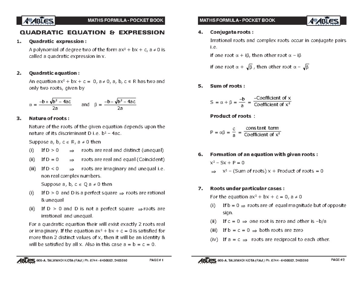 Maths Formula Pocket Book - Quadratic Equations & Expressions - Studocu