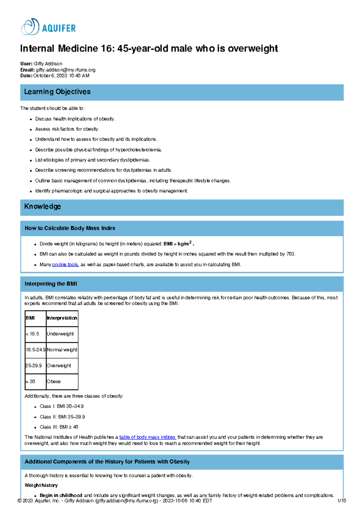 Internal Medicine 16: Aquifer Obesity Case Summary and Management - Studocu