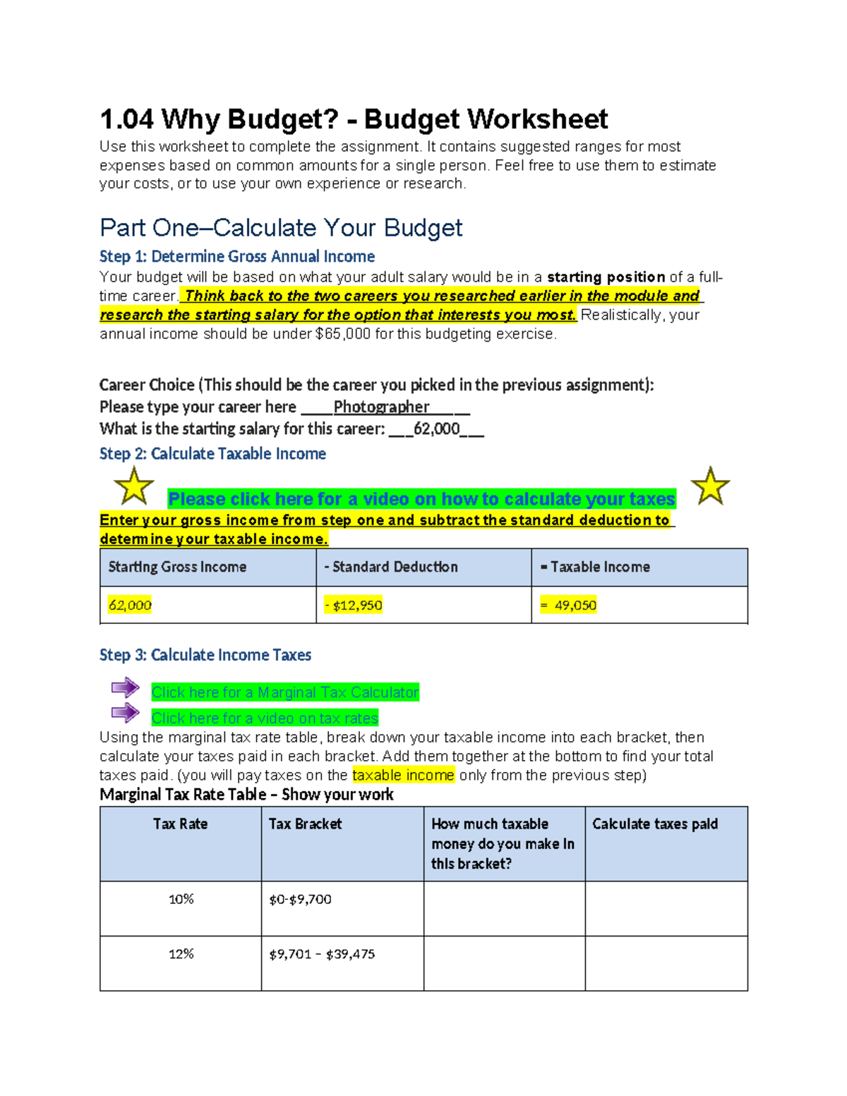1.04 Budgeting Essentials - Assignment Worksheet - Studocu