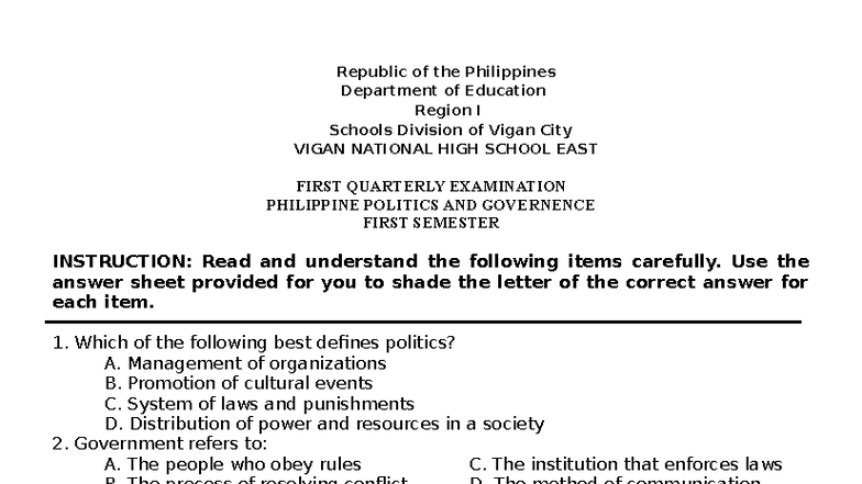 Pol Gov 1st Sem Q1 Exam - Philippine Politics & Governance - Studocu