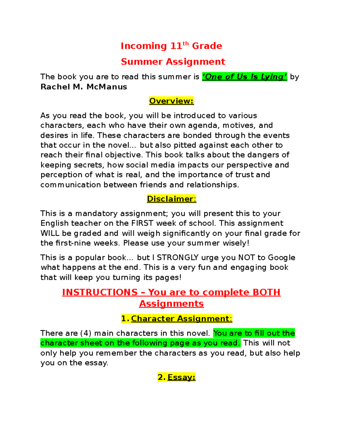 11th Grade Summer Assignment Regular - Incoming 11 th Grade Summer ...