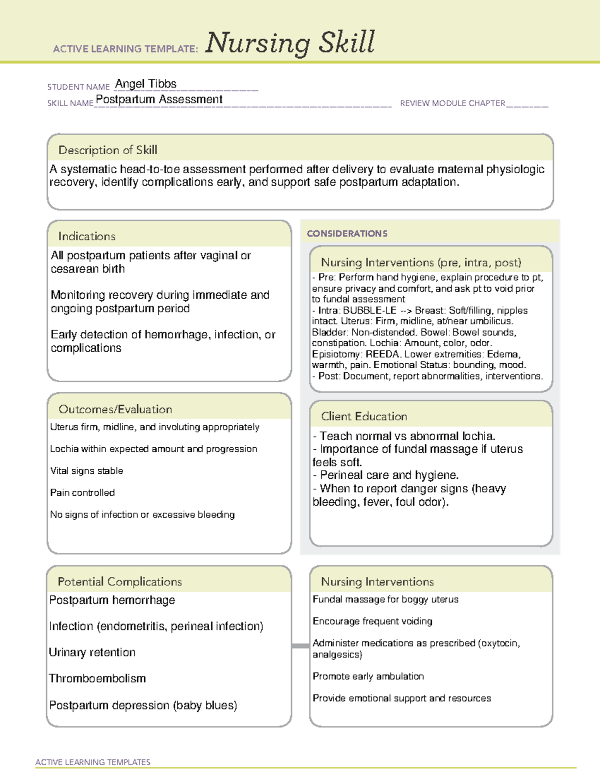 Nursing Skill Assessment: Postpartum Care Template (ACTIVE LEARNING ...