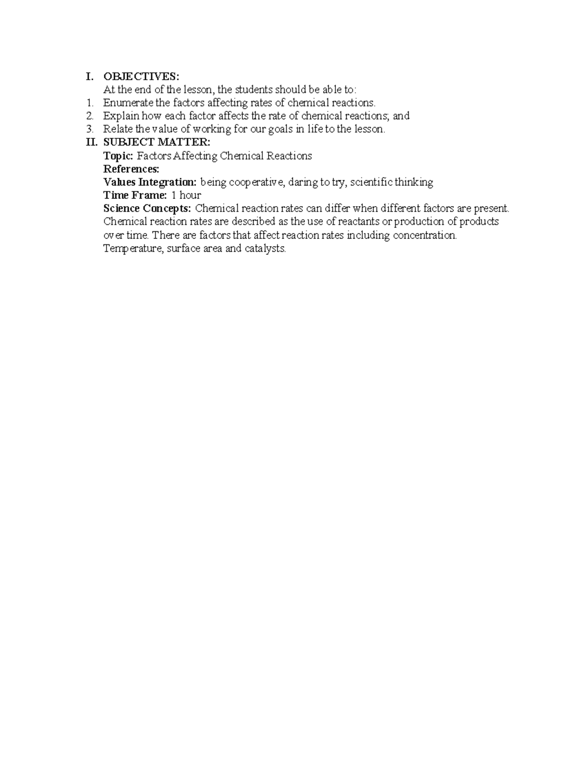 Factors Affecting Chemical Reactions: Lesson Notes - SCI101 - Studocu