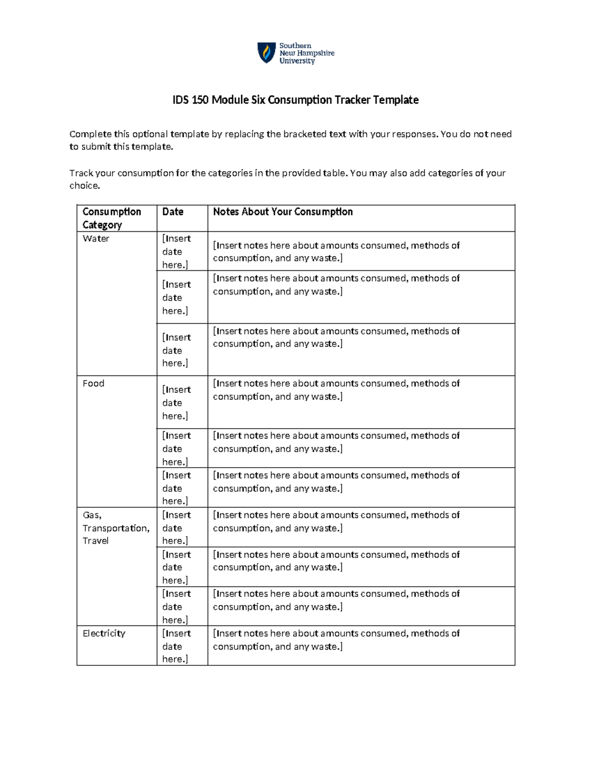 IDS 150 Module Six Optional Consumption Tracker Template - Studocu