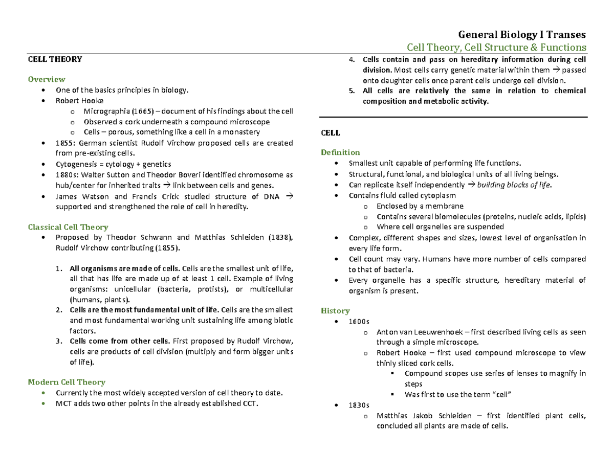 Gen-Bio-Transes - Cell Theory, Structure & Functions Study Notes - Studocu