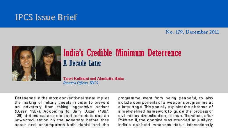 IPCS Issue Brief No. 179: Credible Minimum Deterrence in India - Studocu