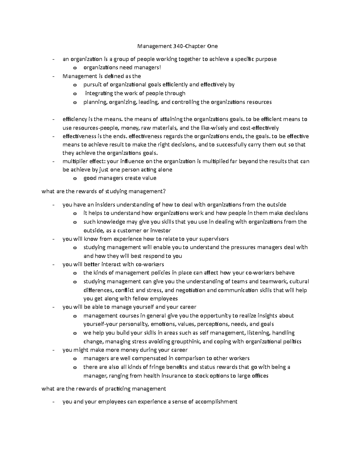 Management 340 - Chapter One: Essentials of Management Principles - Studocu