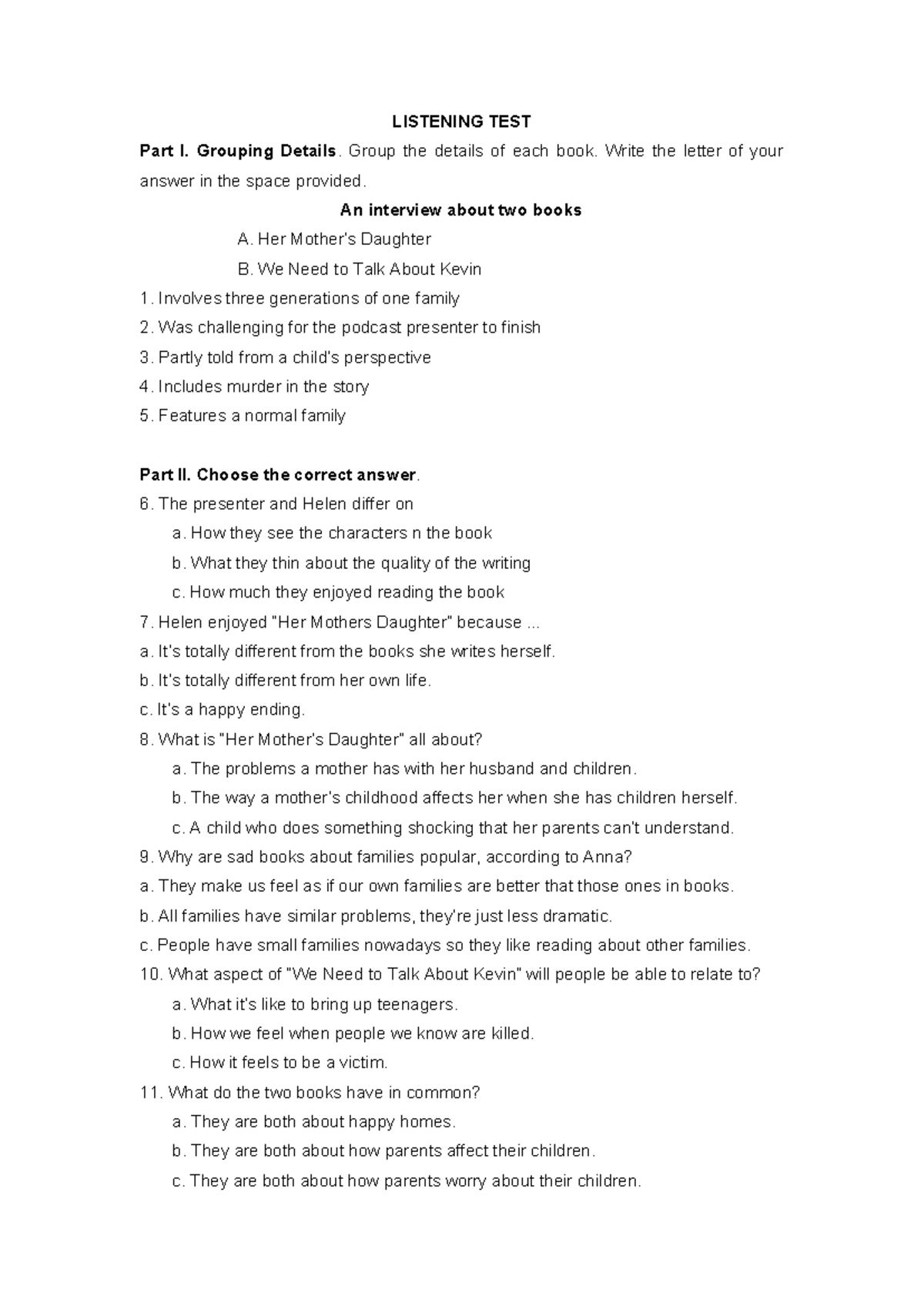 Listening Test: Book Analysis & Discussion Questions - Studocu