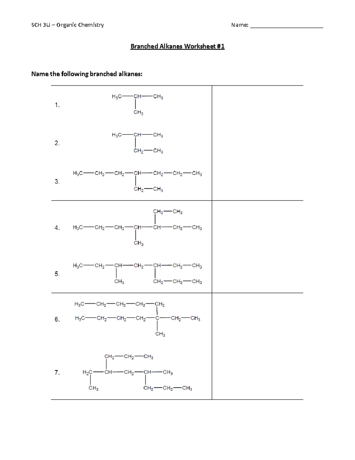 Worksheet Chemistry - SCH 3U – Organic Chemistry Name ...