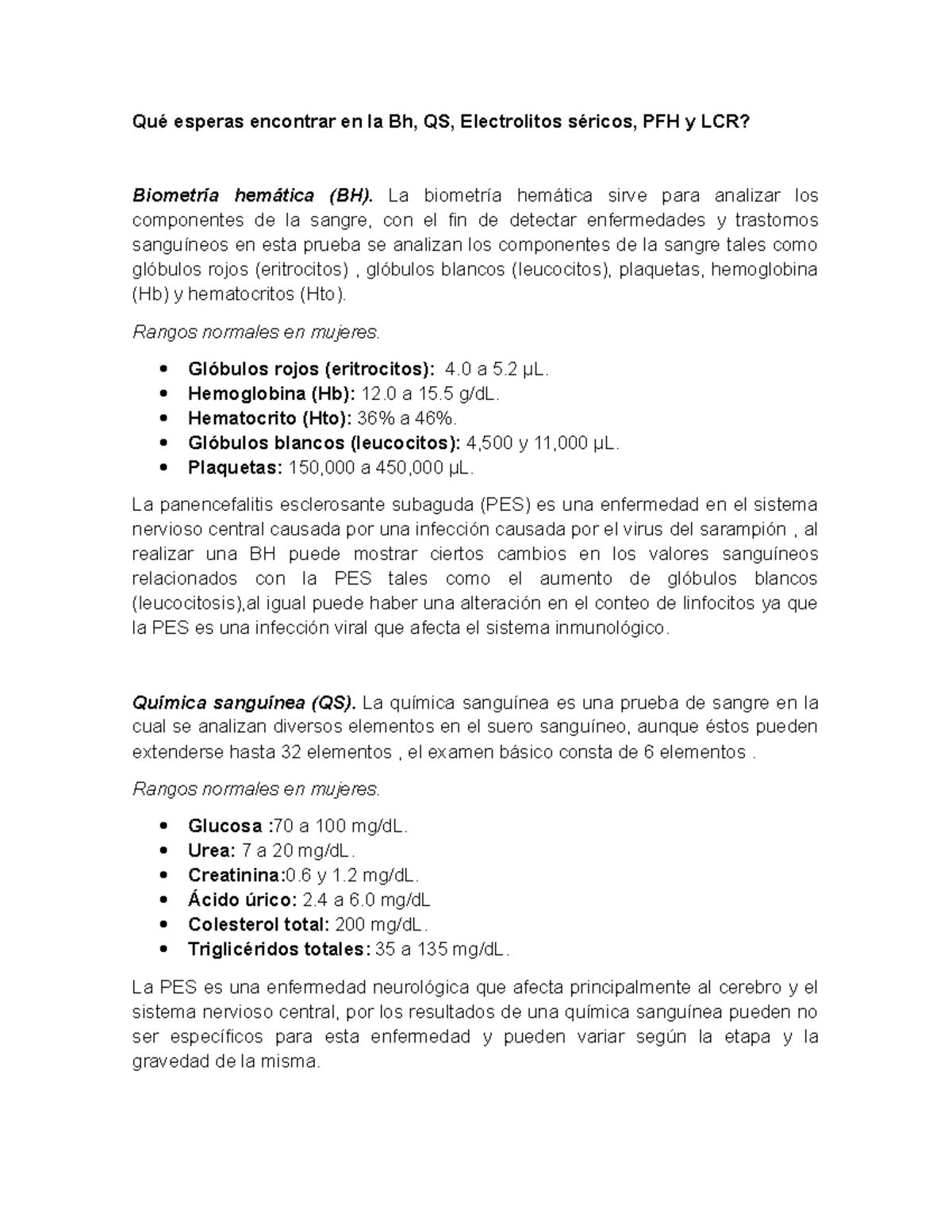 Laboratorio CC 4: Análisis de BH, QS, Electrolitos y PFH - Studocu