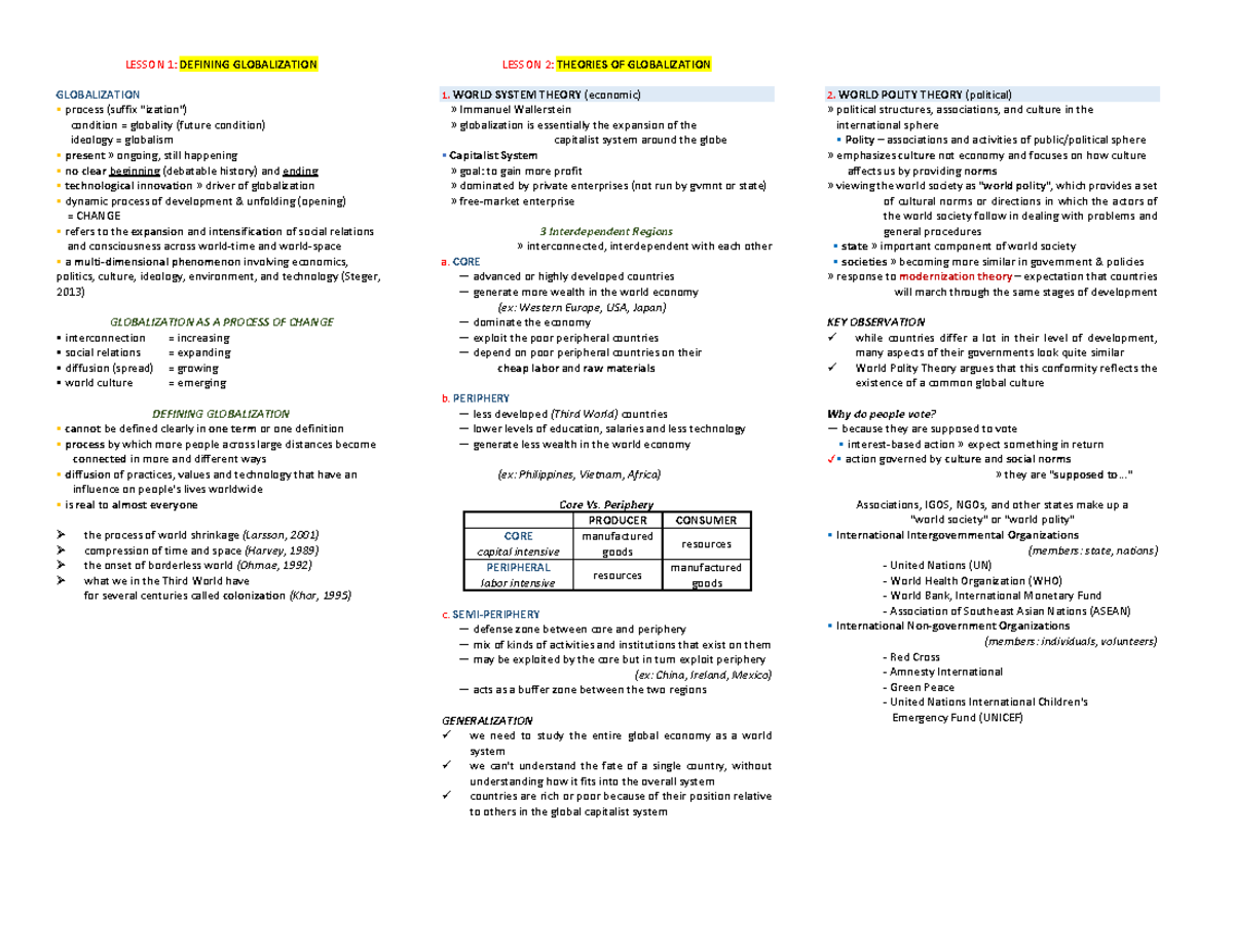 TCW 101: Understanding Globalization - Lessons and Theories - Studocu