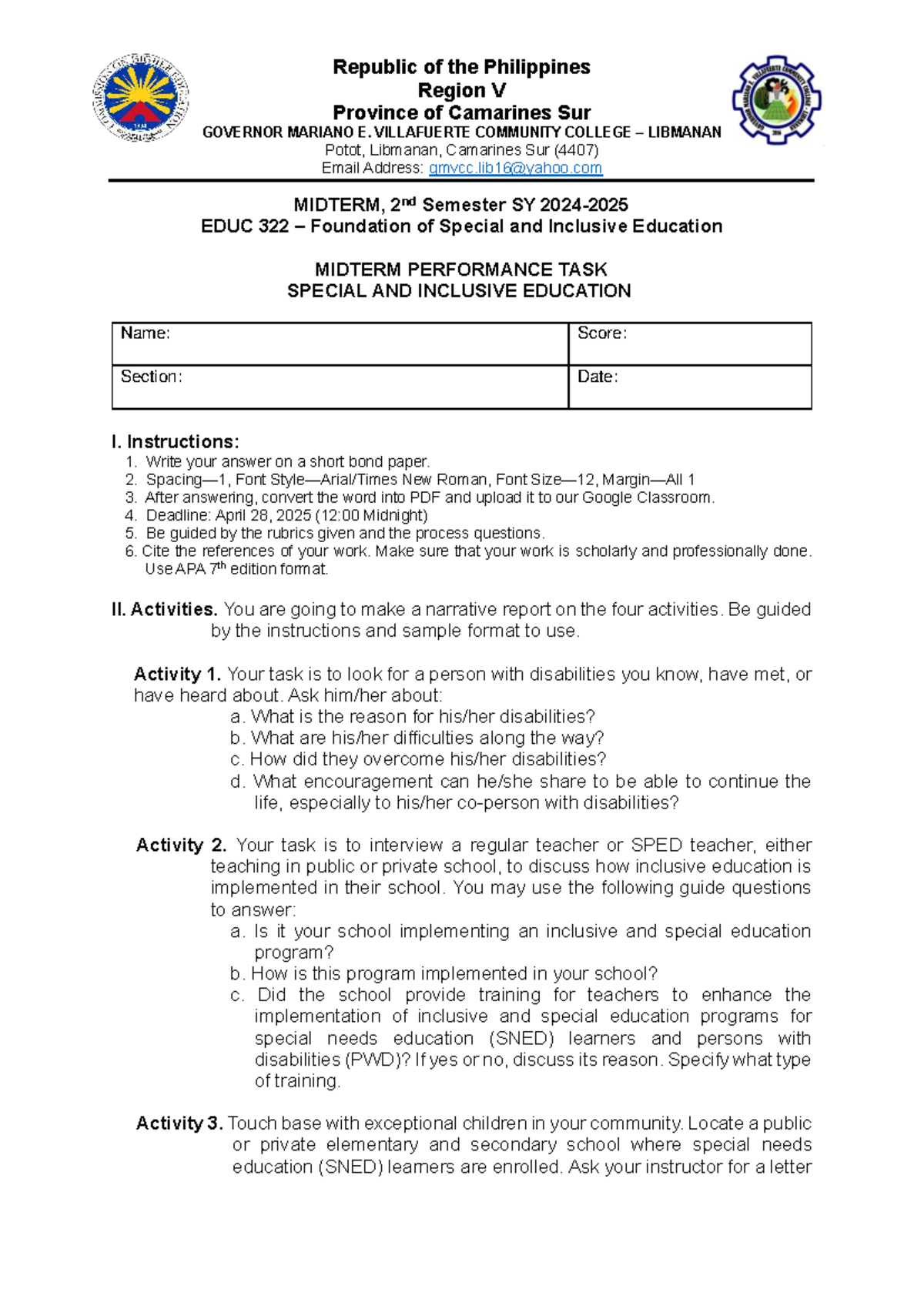 EDUC 322 Midterm Performance Task: Special & Inclusive Education Report ...