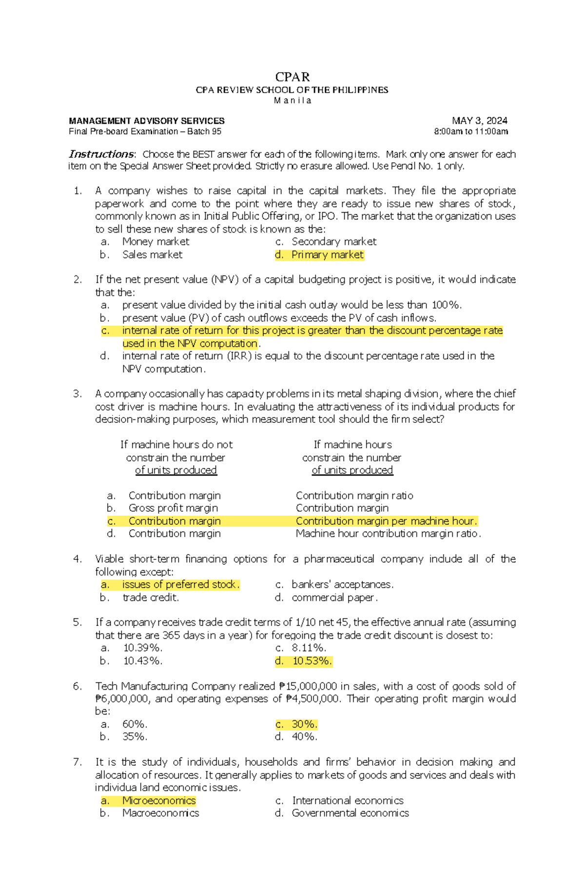 CPAR 95 MAS Final Exam 2024 - Pre-Board Reviewer Guide - Studocu