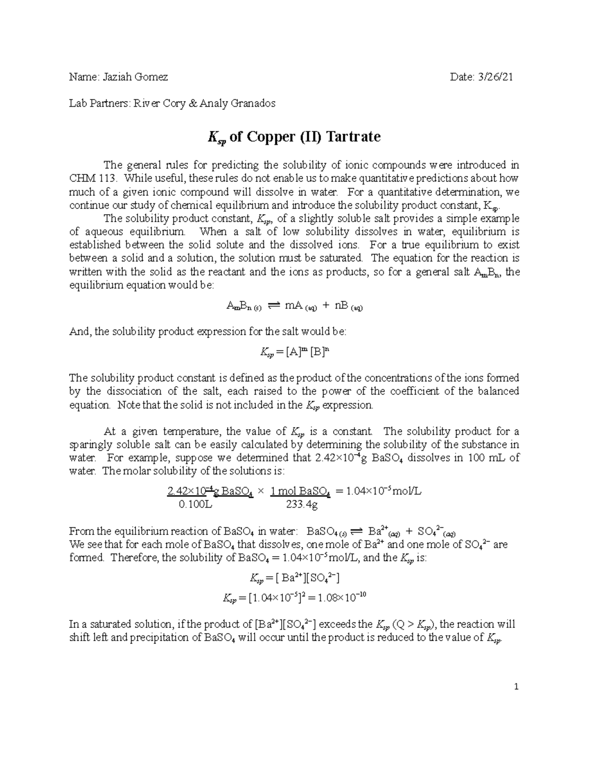 Ksp Determination of Copper (II) Tartrate in Lab 7 - CHM 116 - Studocu