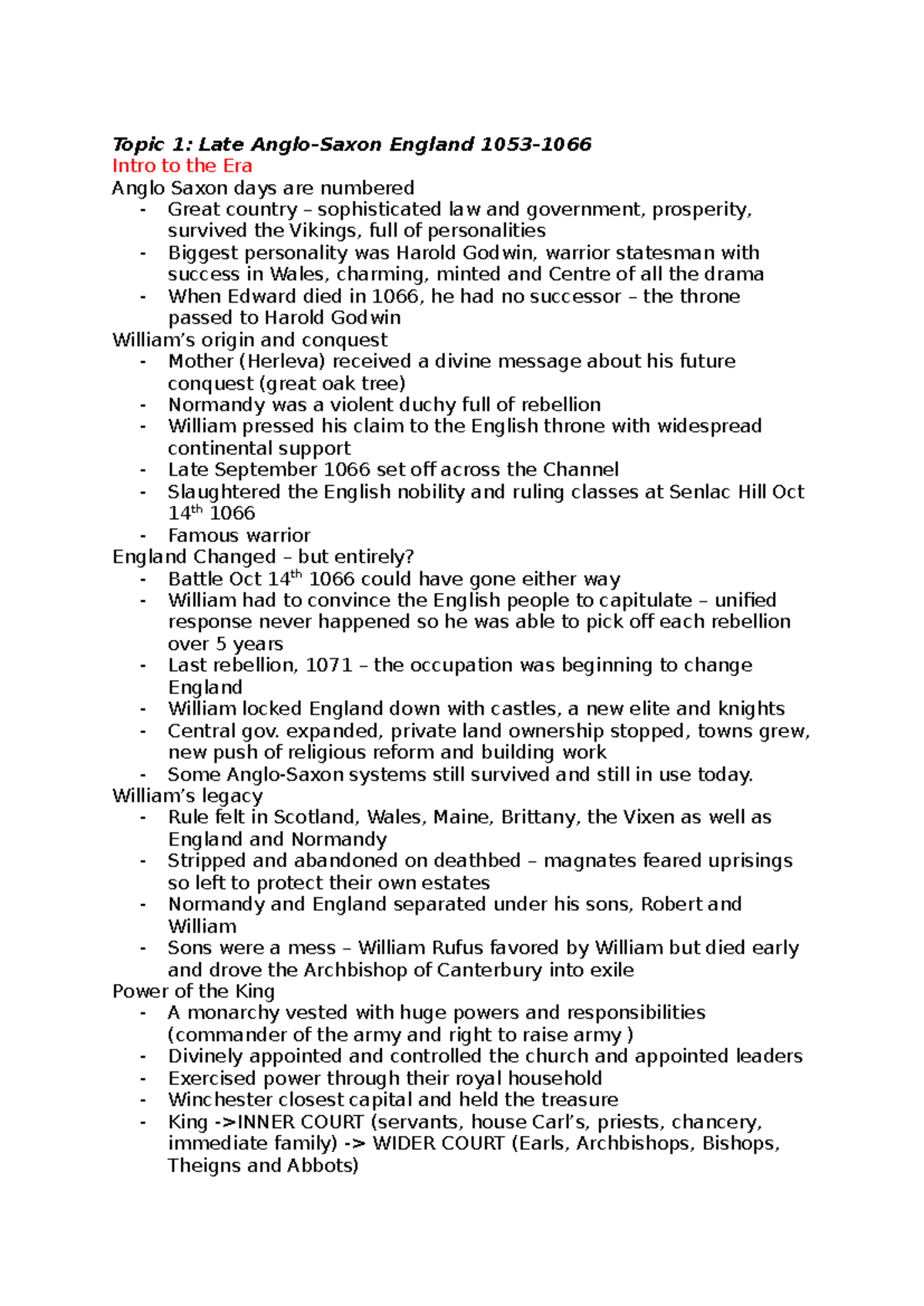 Anglo Saxon England & Norman Rule: Key Events of 1053-1066 - Studocu