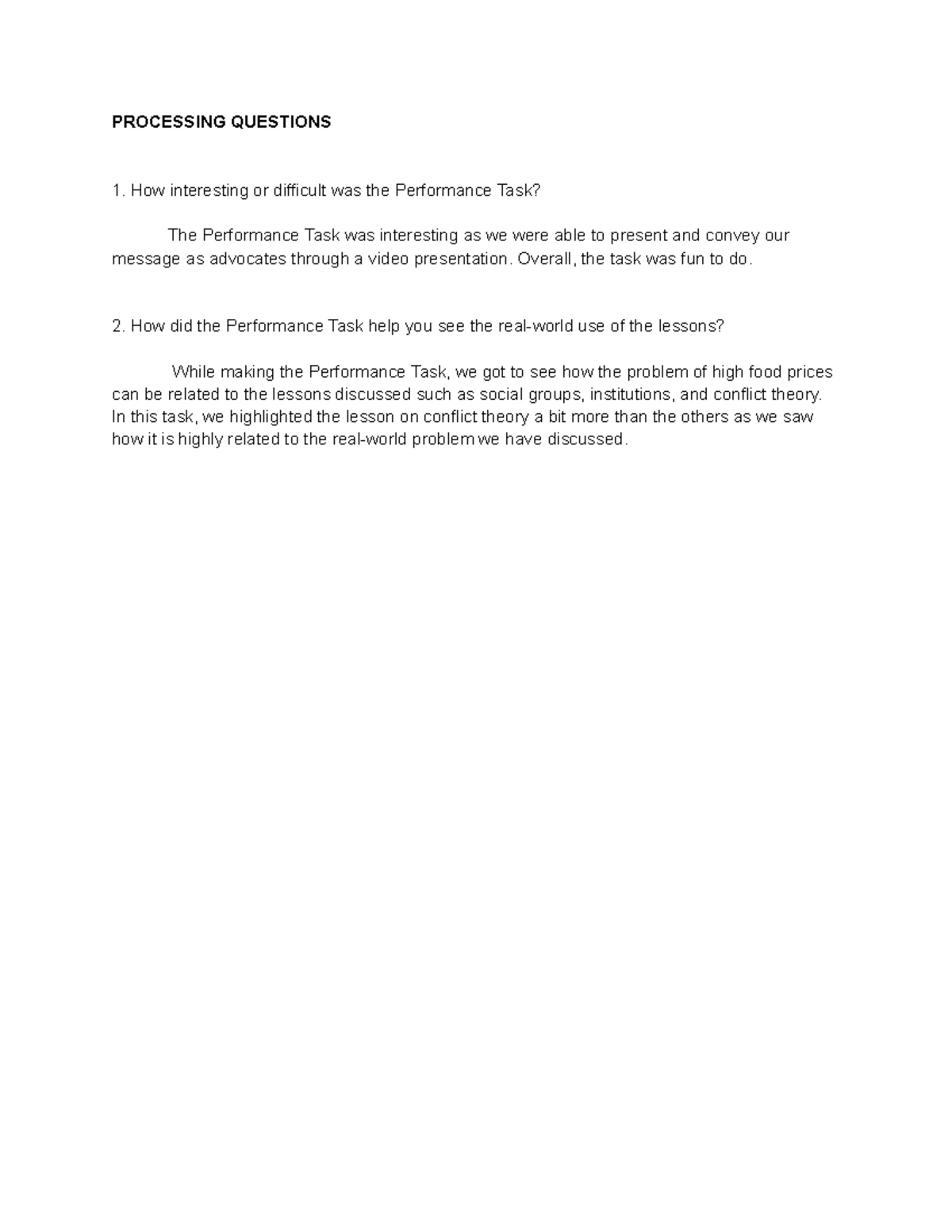 PT Processing Questions: Insights on Performance Task Experience - Studocu