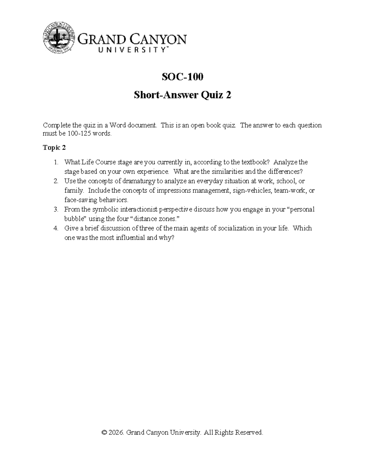 SOC-100 Short-Answer Quiz 2: Life Course & Socialization Analysis - Studocu