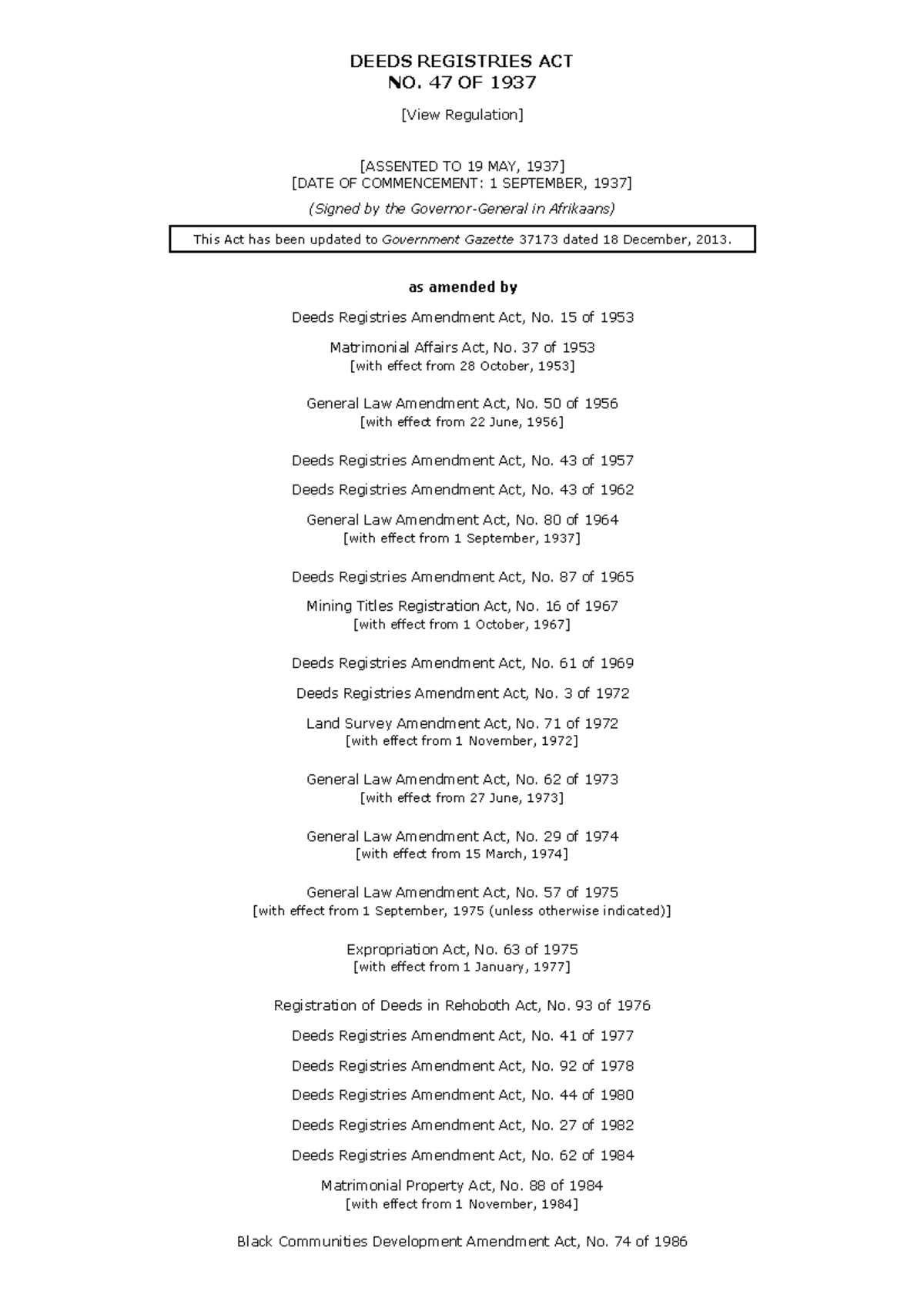 Deeds Registries Act No. 47 of 1937: Comprehensive Amendments Overview - Studocu