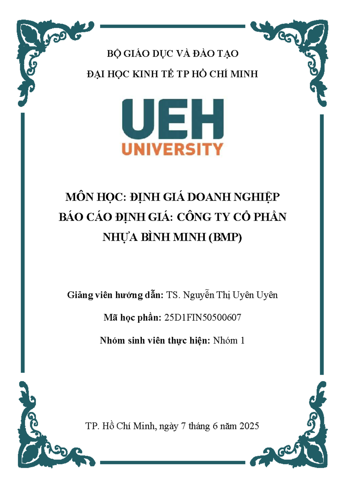 BÁO CÁO ĐỊNH GIÁ DOANH NGHIỆP BMP - MÔN 25D1FIN50500607 - Studocu