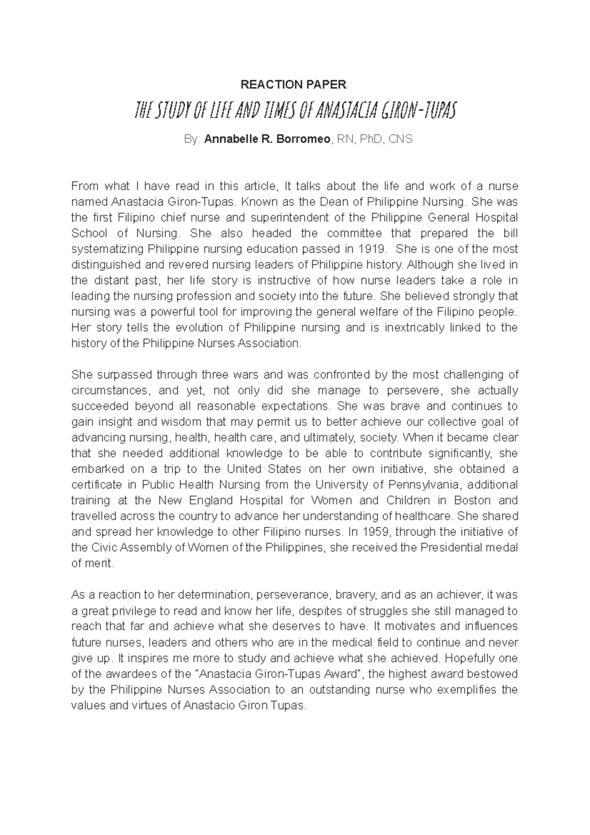 Reaction Paper: Life and Legacy of Anastacia Giron-Tupas - Studocu