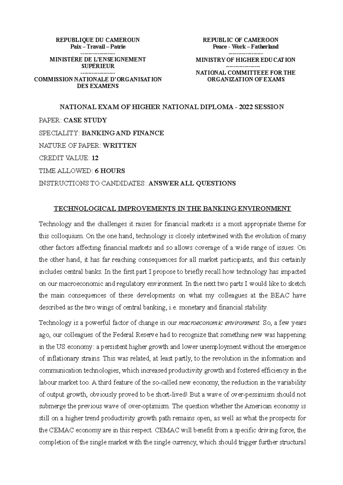 Banking & Finance - HND Case Study Questions - Speciality Paper Set 1 - Studocu