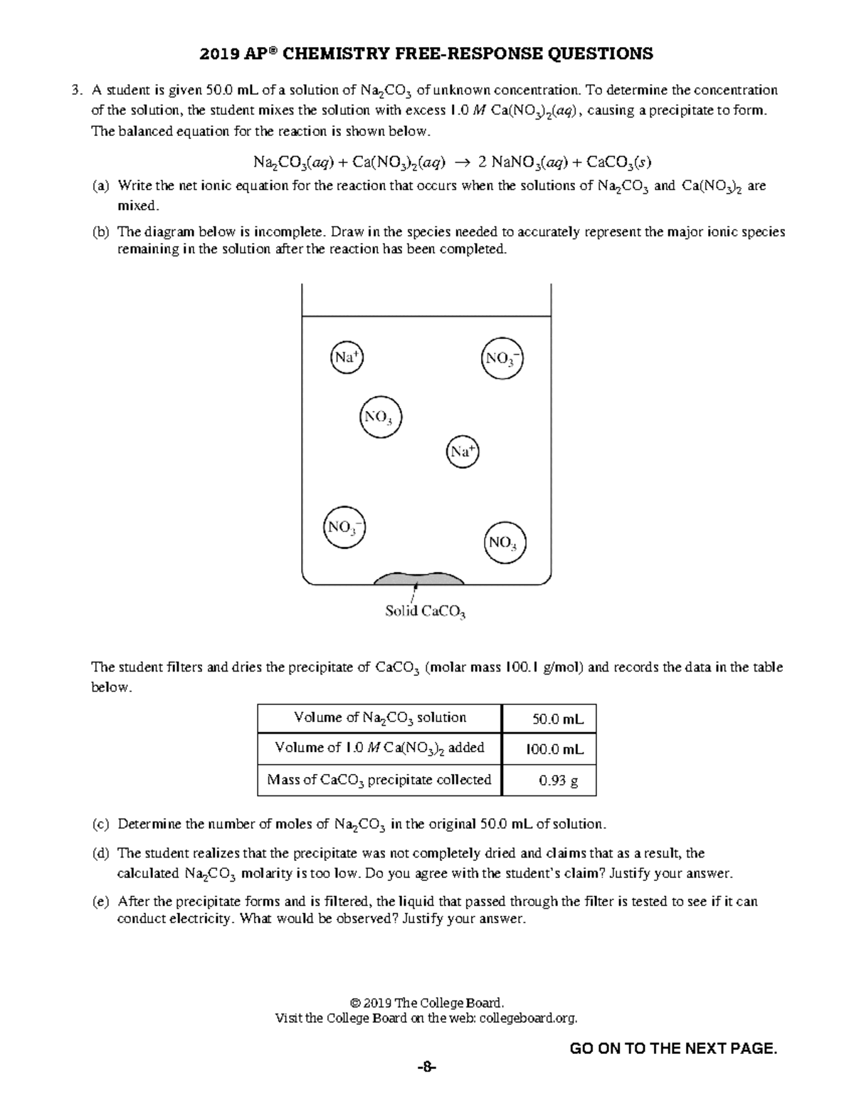 2019 FRQ Stoichi practice - 2019 AP ® CHEMISTRY FREE-RESPONSE QUESTIONS ...