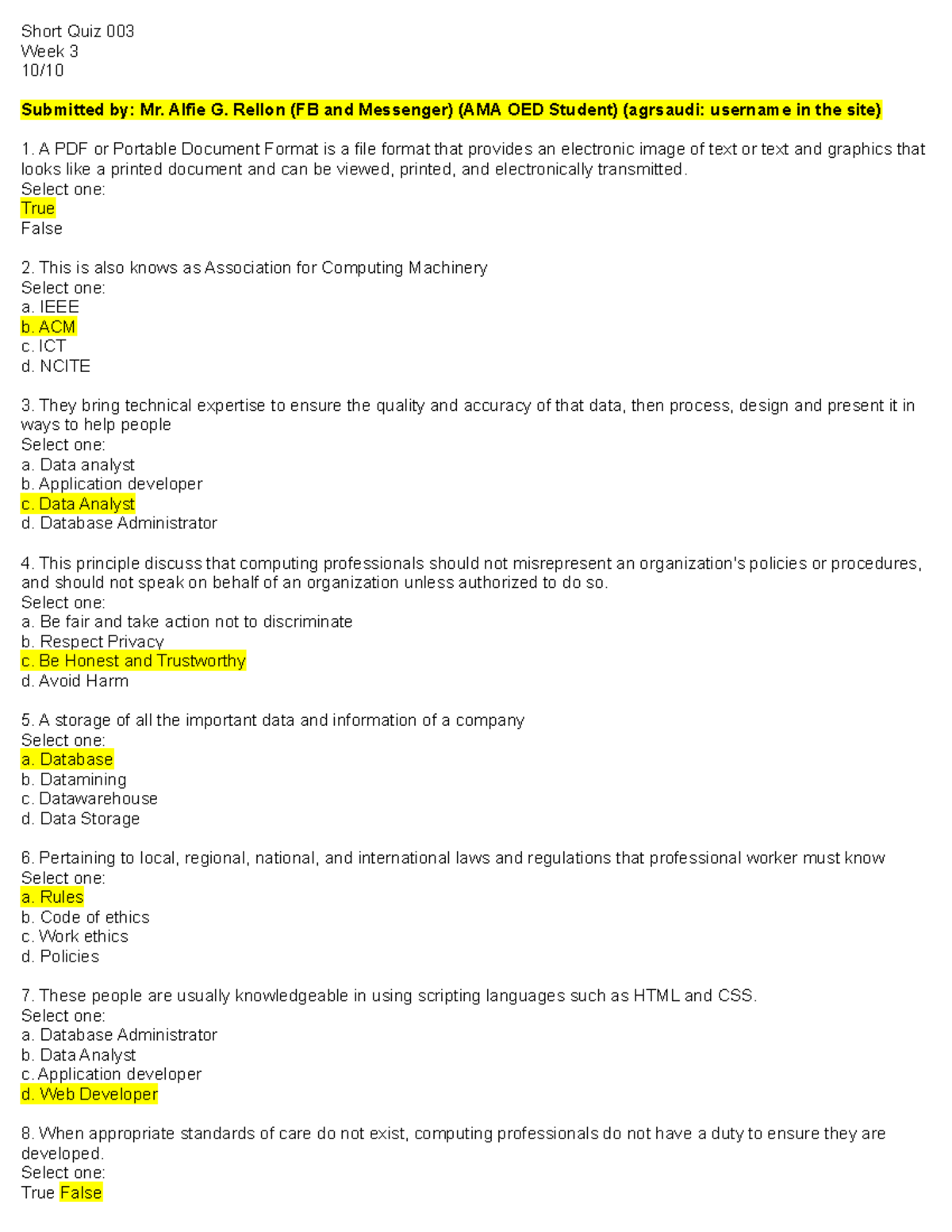 MIS6111 Fundamentals of Information System Short Quiz 003 - Short Quiz ...