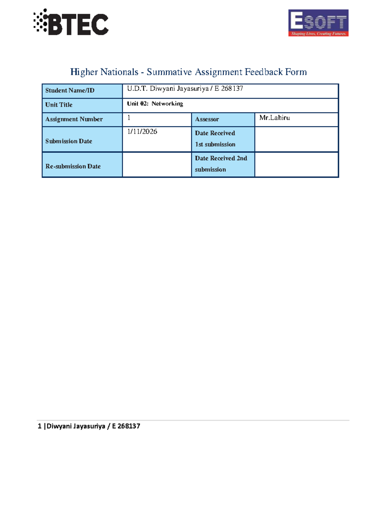 Unit 02: Networking Assignment Feedback & Guidelines for U.D.T. Diwyani ...