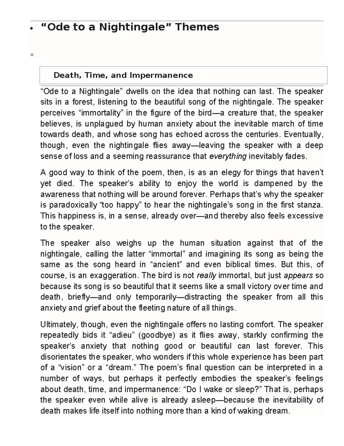 Analysis of Themes in "Ode to a Nightingale" - John Keats - Studocu