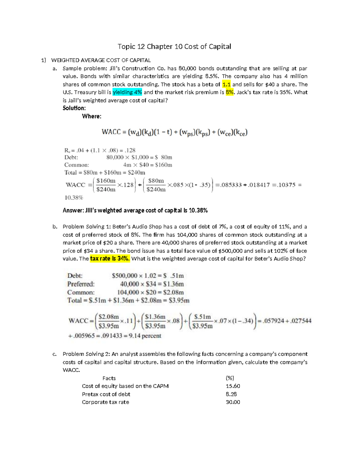 Assignment - Topic 12: Ch 10 Cost of Capital Insights & Solutions - Studocu