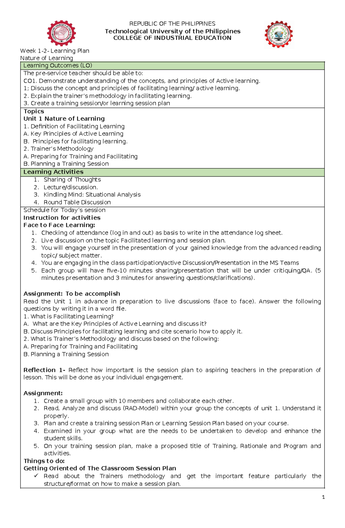 Week 1-Learning Plan with Task 1- Vicente - REPUBLIC OF THE PHILIPPINES ...