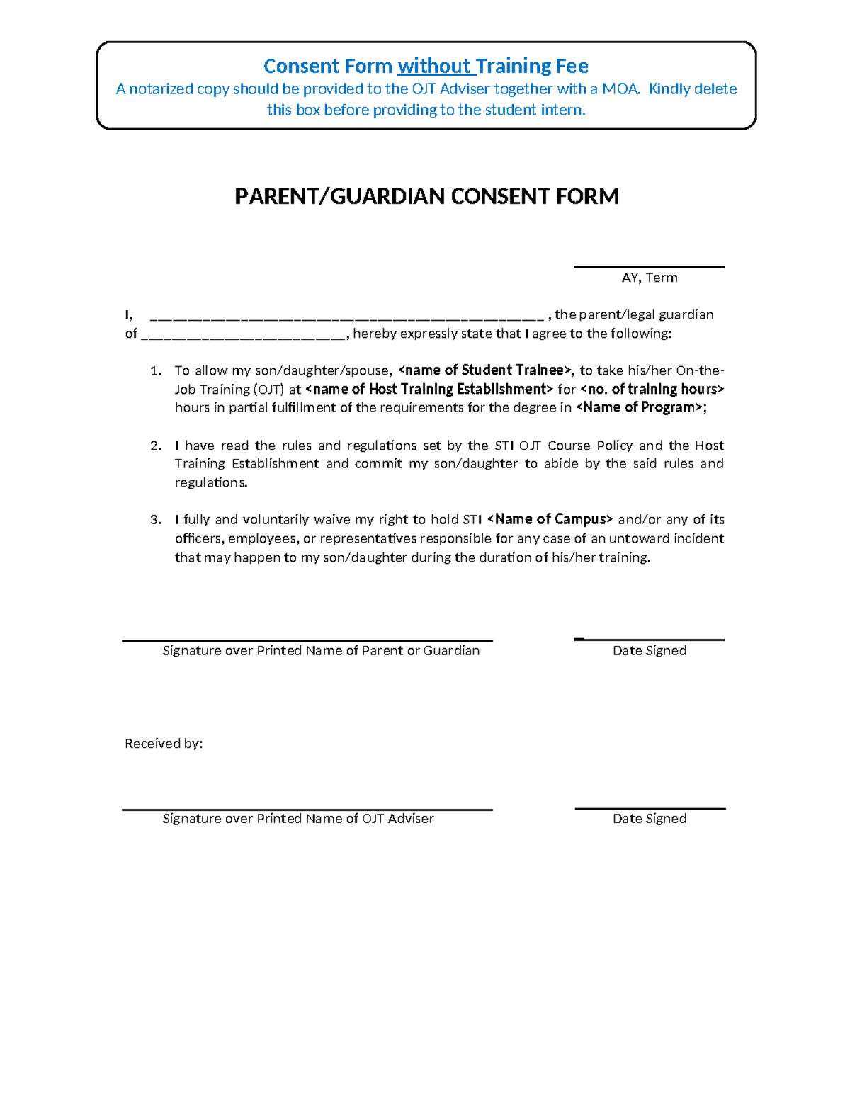 FT-CRD-131-00 OJT Parent Consent Form Template (No Training Fee) - Studocu